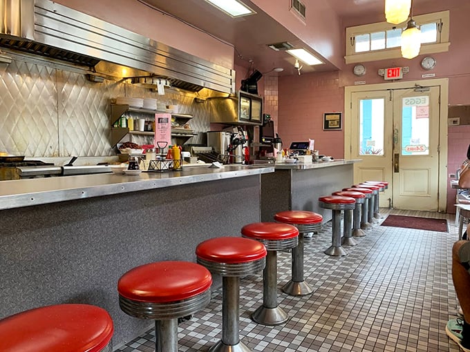The counter seats offer front-row tickets to the best show in town – short-order cooks performing culinary ballet on a postage-stamp sized grill.