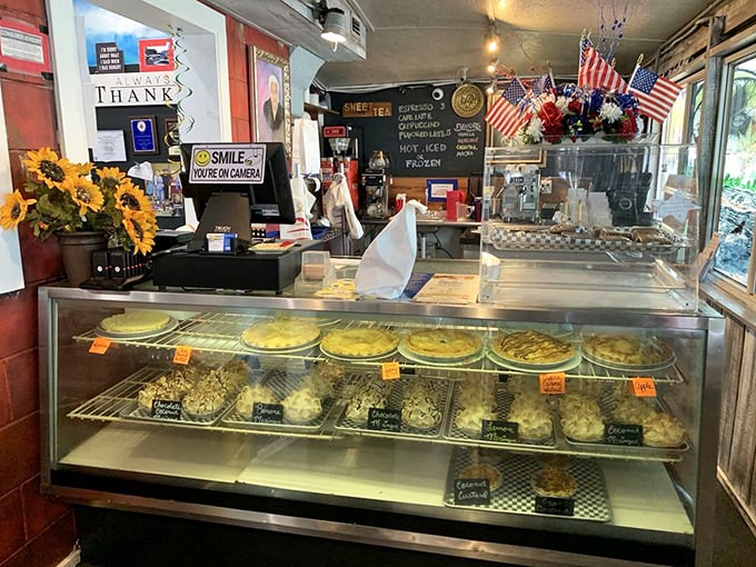 Dessert display that should come with a warning sign: "Prolonged viewing may cause involuntary drooling and spontaneous pie purchases."