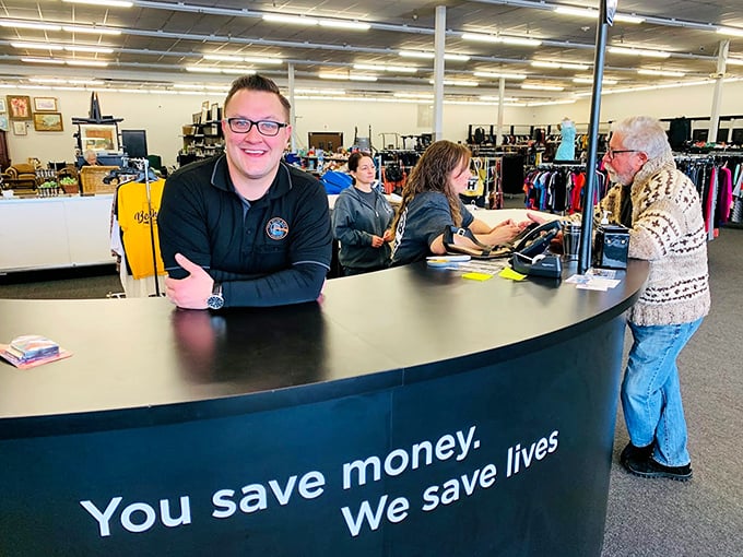 Behind the counter, where the magic happens—"You save money. We save lives." A transaction that benefits more than just your wallet.