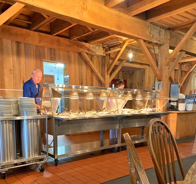 The buffet line—where staff stand ready to help you make the most important decision of your day: dark meat or white?