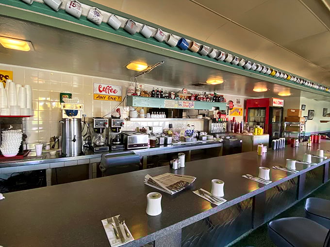 The counter isn't just seating—it's a community table where solo diners find company and regulars hold court like local celebrities.