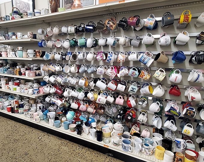 The mug wall—where coffee vessels with personalities ranging from "corporate retreat" to "quirky aunt" find new homes.