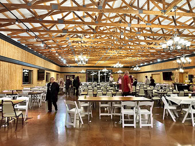 Exposed beam ceilings that would make HGTV hosts weep with joy—the perfect canopy for celebrations and second helpings.