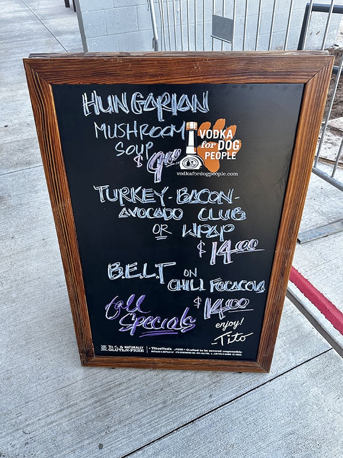 The daily specials board—where Hungarian mushroom soup and turkey-bacon-avocado clubs become the day's most important news bulletin.