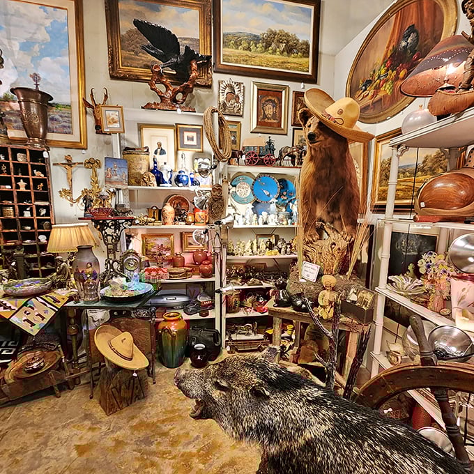 This eclectic corner showcases everything from cowboy hats to vintage finds, pure treasure-hunting paradise.