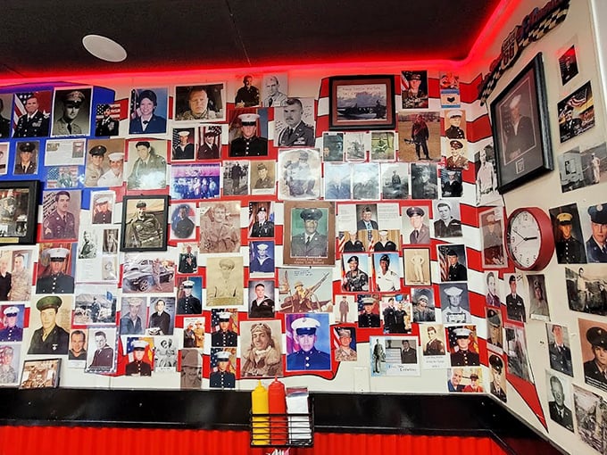 The wall of military photos pays tribute to local heroes—a reminder that this diner serves up equal portions of community pride and comfort food.