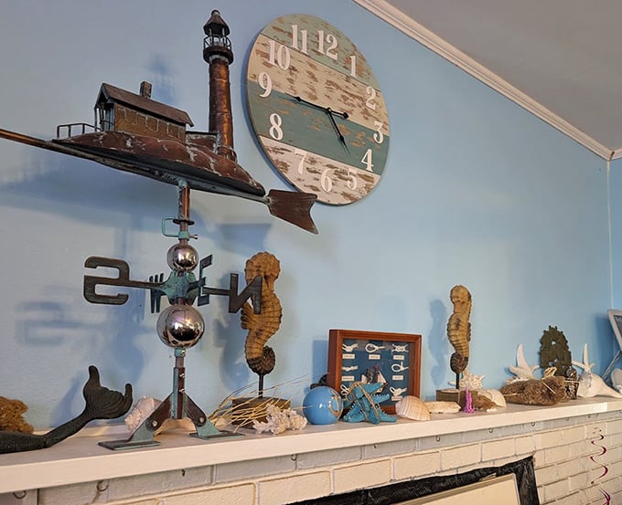 Coastal décor that doesn't try too hard—seahorses, lighthouses, and a clock that seems to run on "Florida time."