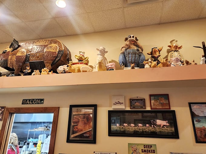 The pig figurine collection says it all—this is a place that takes its pork seriously, with a side of whimsy.