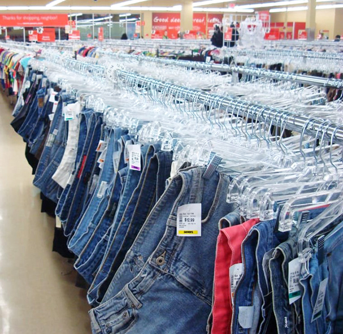 The denim section stretches to the horizon – a sea of blues in every wash imaginable, waiting to become someone's favorite pair.