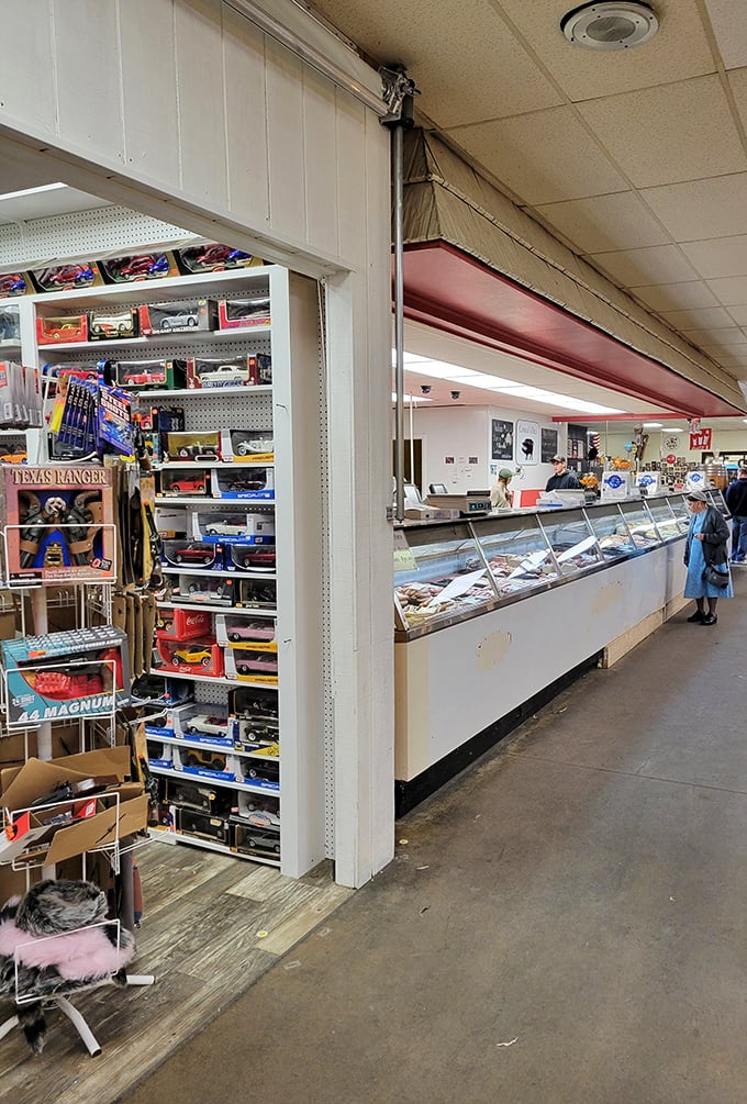 Where toys meet meats—the unexpected retail juxtaposition that makes the Green Dragon a wonderland of practical and whimsical purchases.