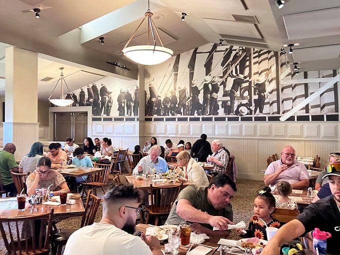 A dining room filled with the universal expression of food happiness – that momentary silence when everyone's too busy enjoying to talk.