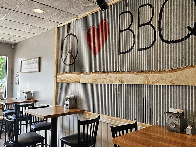 Where "Peace, Love, BBQ" isn't just wall art – it's the philosophy that turns strangers into friends over plates of smoked perfection.