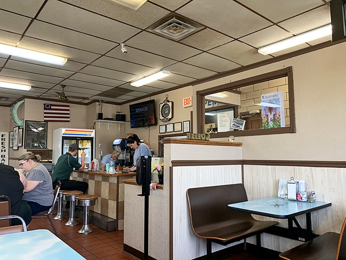 Counter seating – where solo diners become part of the Mikhael's family and coffee refills arrive before you even ask.
