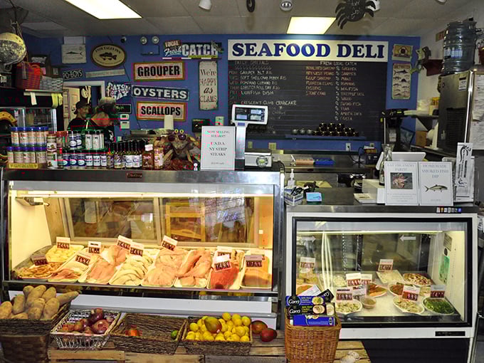 Behind this glass lies the day's supporting cast—fresh fillets waiting for their star turn on your plate.