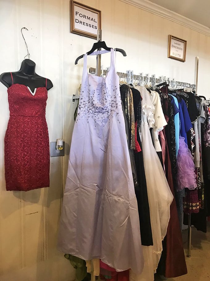 Formal dresses hanging patiently, each with a story – a prom, a wedding, or that cruise where Harold finally proposed after 12 years.