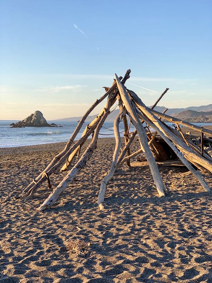 Beach architects at work—driftwood teepees stand as temporary monuments to human creativity and nature's generous building supplies.