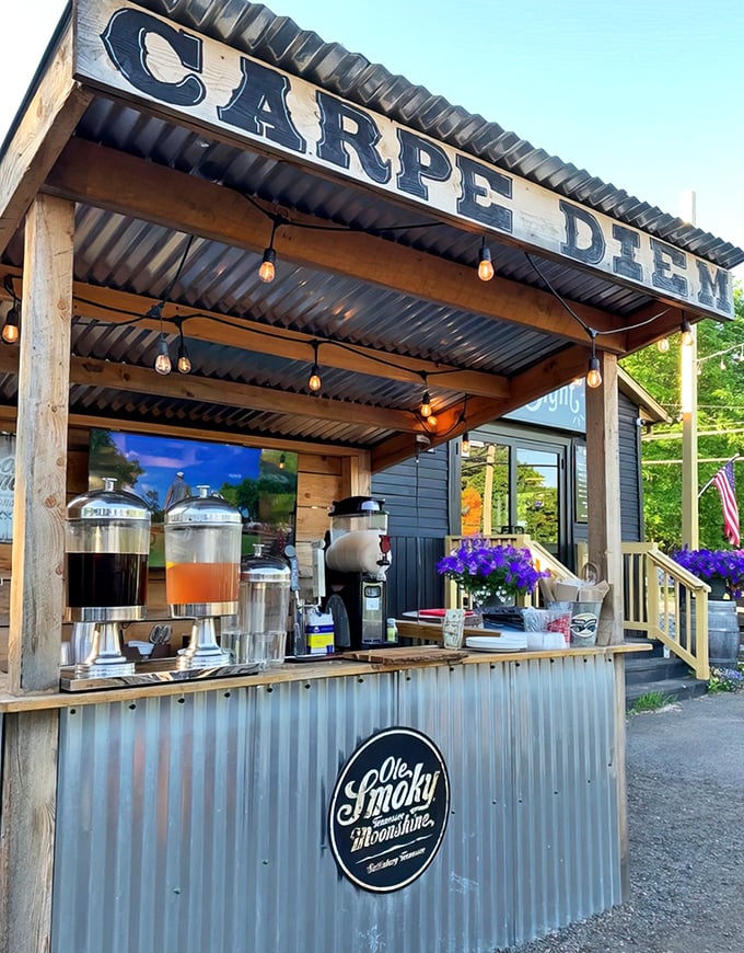 "CARPE DIEM" indeed—seize the day and the moonshine at this rustic outdoor drink stand where summer memories are made.
