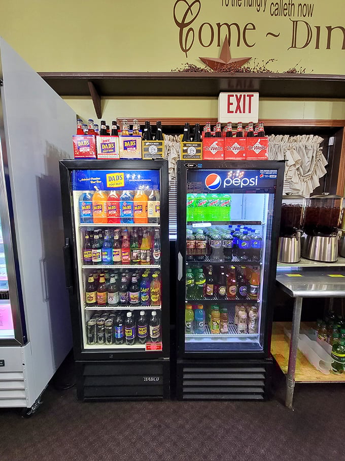A beverage selection that covers all bases from nostalgic sodas to modern energy drinks. Hydration options for every generation under one roof.