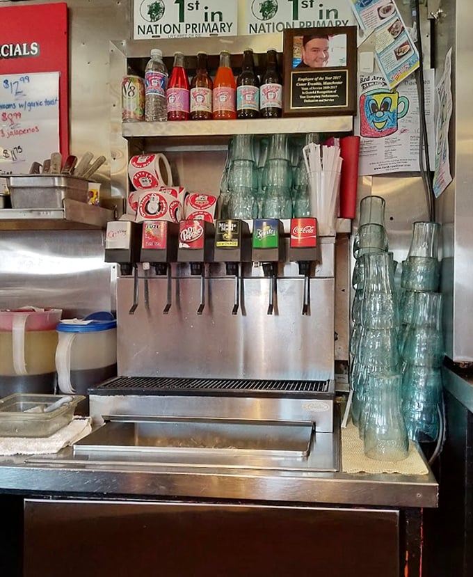 The soda fountain setup—where liquid happiness flows freely and decisions between cola and root beer become momentarily life-altering.