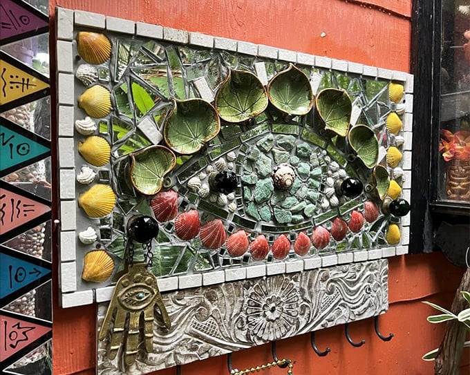 Eyes aren't just for seeing—they're for decorating too! This mosaic peeper seems to be judging your fashion choices with aquatic flair.