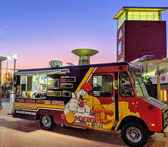 Food trucks bring the party to the parking lot, because apparently shopping wasn't exciting enough without mobile dining options.