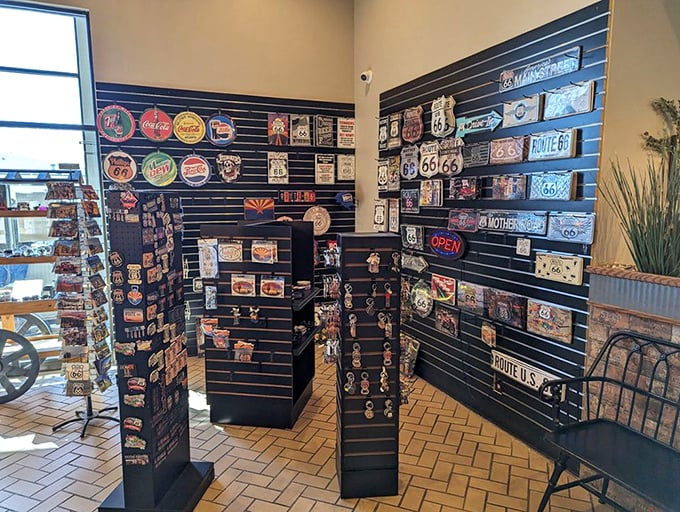 Route 66 memorabilia heaven—where nostalgia comes with a gift shop receipt. America's highway history displayed with desert pride.