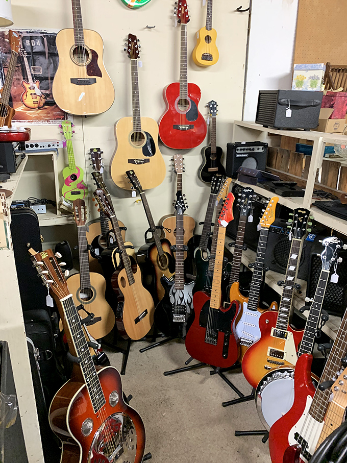 The guitar collection would make any musician swoon. Each instrument waits patiently for new hands to bring its voice back to life.