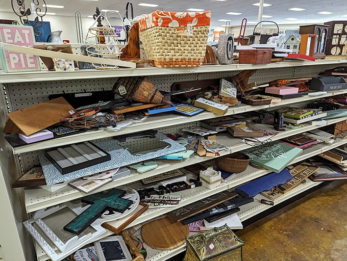 Home décor shelves—a mismatched symphony of picture frames, baskets, and signs that once adorned someone else's walls.