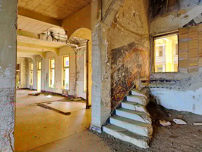 Sunlight streams through windows of an abandoned building, creating the perfect setting for either profound contemplation or the opening scene of a ghost hunting show.