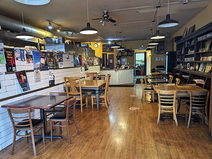 Industrial pendant lights hang over wooden floors and eclectic furnishings—the backdrop for countless Tacoma breakfast memories.