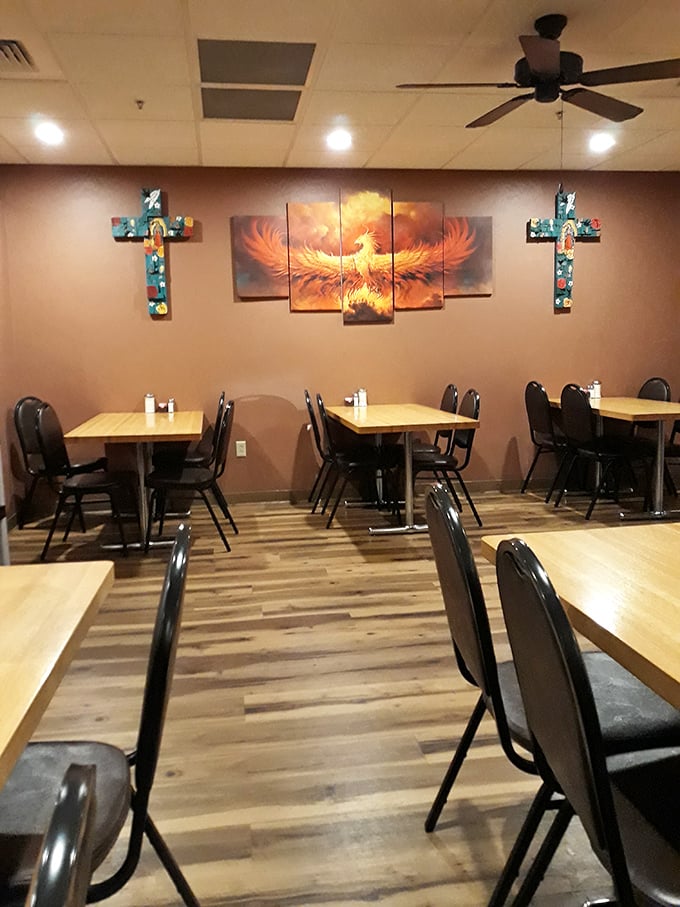 Southwestern art and colorful crosses adorn walls where countless celebrations have unfolded over plates of perfect enchiladas.