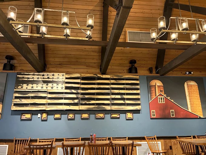 The wooden American flag art isn't just decoration – it's a reminder that barbecue might be our most unifying national treasure.