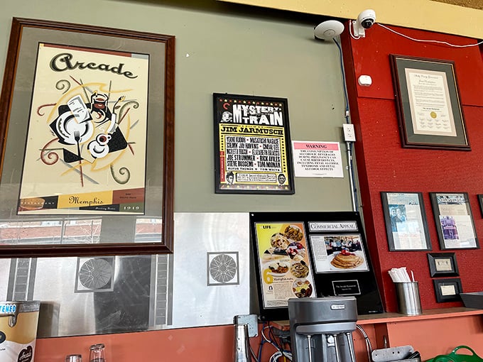 The walls tell stories of Memphis history through vintage posters and memorabilia, including a nod to Jim Jarmusch's "Mystery Train" that filmed scenes right here.
