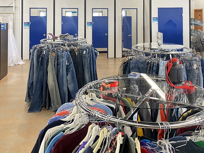 The denim forest – where jeans of every era hang like blue ghosts of fashion trends past, present, and somehow future.