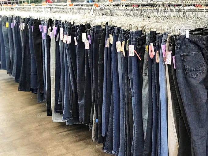 The denim district – where jeans of every wash and vintage hang like an evolutionary chart of American casual fashion.
