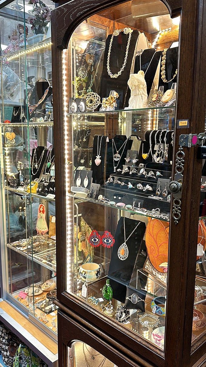 This illuminated jewelry cabinet showcases everything from statement necklaces to delicate earrings – each piece with its own secret history to share.