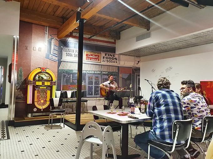 Even the music feels authentic here – no tourist traps, just genuine Nashville talent serenading your meat and three with acoustic charm.