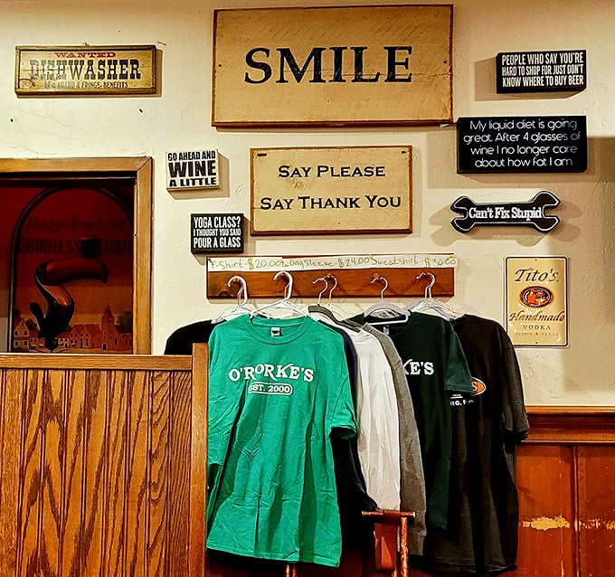 The wall of witty signs and branded merchandise tells you everything you need to know about O'Rorke's personality – come for the food, stay for the humor.