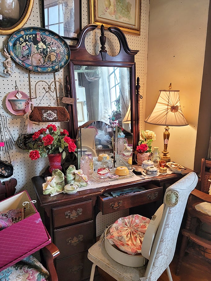 Not just a vanity—a shrine to elegance from another time. The carefully arranged perfume bottles and accessories create a tableau of vintage femininity. 