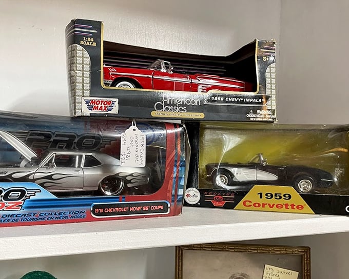 Miniature automotive dreams line these shelves—perfect for collectors who want classic cars without the classic car maintenance bills.