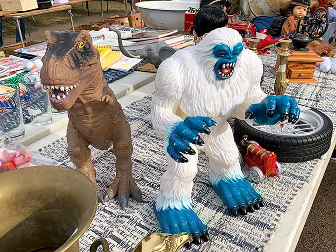 The ultimate odd couple – T-Rex meets Abominable Snowman on a table of misfit toys that would make Rudolph feel right at home.