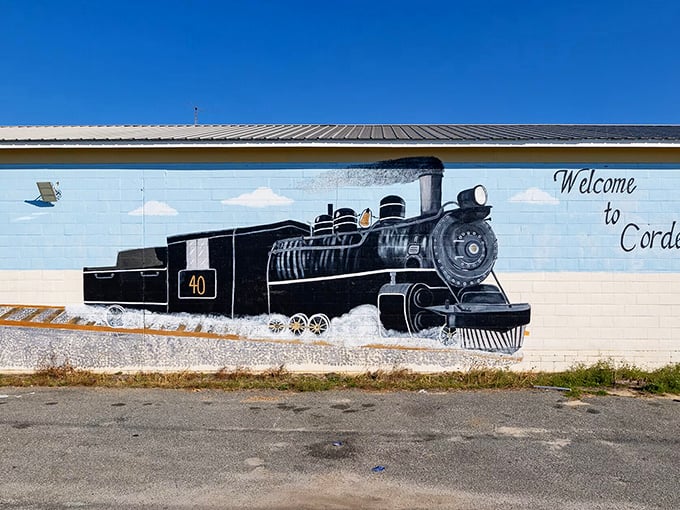 This locomotive mural doesn't just decorate a wall—it celebrates Cordele's railroad heritage with a nostalgic welcome that stops visitors in their tracks.