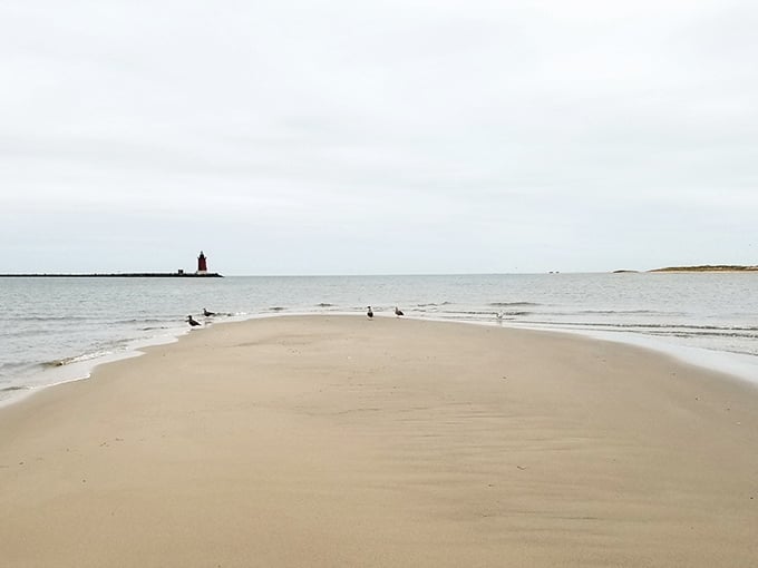 A pristine stretch of sand with the lighthouse playing coy in the distance—like finding the perfect restaurant without a wait on Saturday night.
