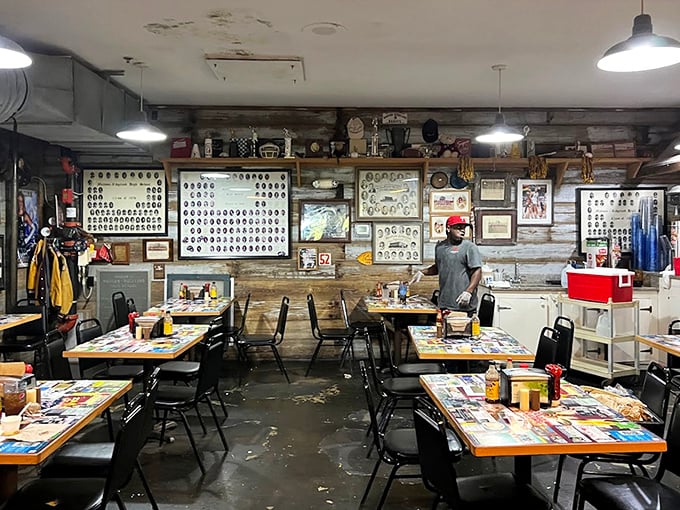 This dining room tells stories through its walls—each photo frame and collectible a chapter in Mississippi's rich culinary history.