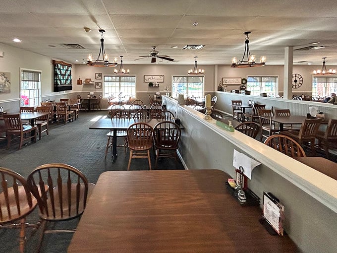 Wooden chairs and simple decor create an atmosphere where the food—not the frills—takes center stage in this dining experience.