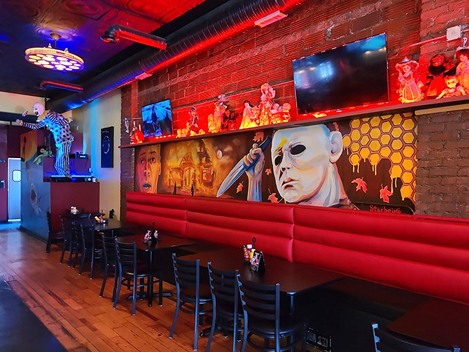 The dining room's dramatic lighting and horror-themed murals create an ambiance that's immersive without being intimidating—like being on a movie set where the food steals the show.