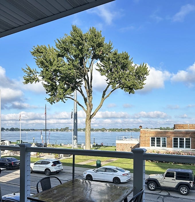 The St. Clair River provides dinner entertainment no flat-screen could match, with freighters serving as moving scenery during your meal.