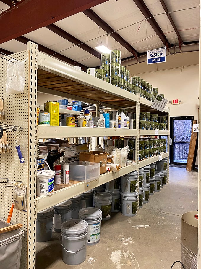 The paint section is a DIYer's dream—rows of cans in every color imaginable. Someone else's "oops" color becomes your perfect accent wall.