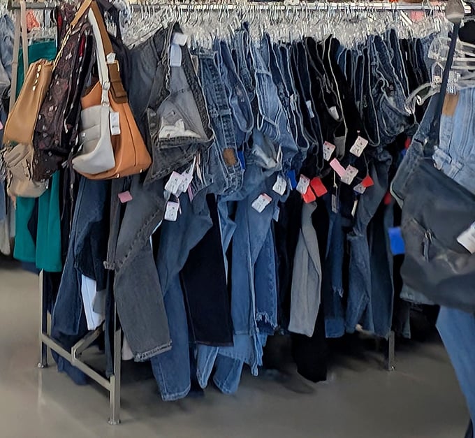 The denim forest – where jeans of all eras hang together like a family reunion of pants.