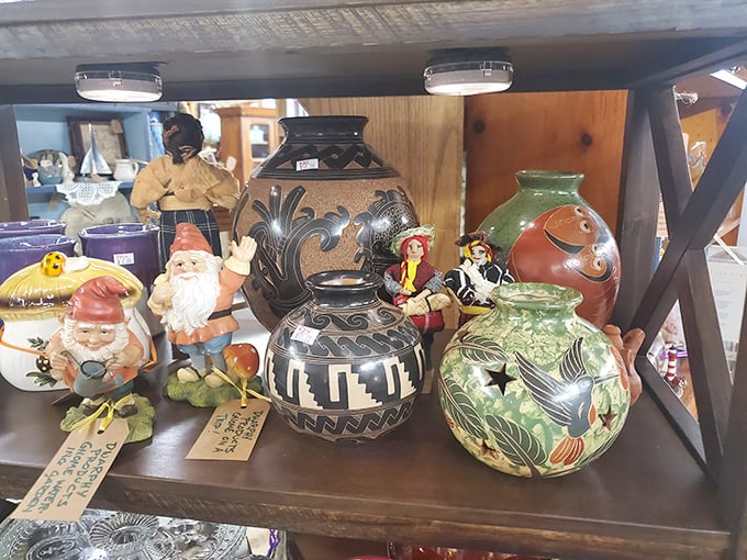 Pottery with personality! These handcrafted vessels showcase both Native American-inspired designs and whimsical garden motifs that bring any shelf to life.